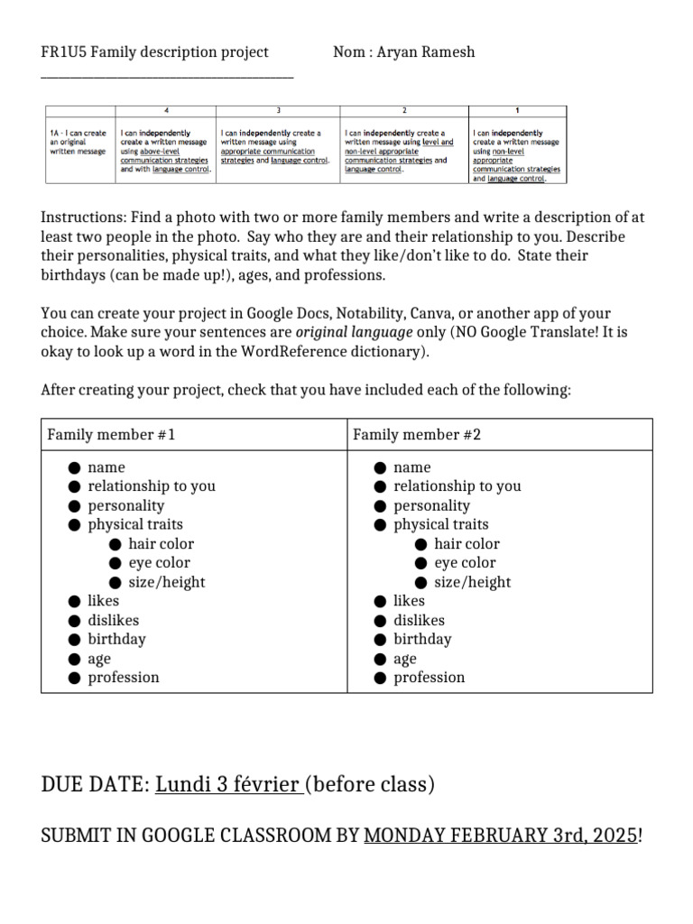 Copy of U5 Family Project - Presentational Writing Evidence | PDF