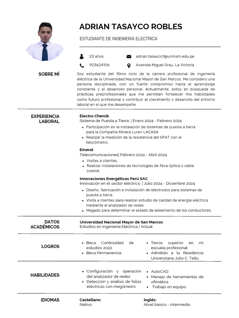 ADRIAN TASAYCO ROBLES - Currículum | PDF | Ingenieria Eléctrica