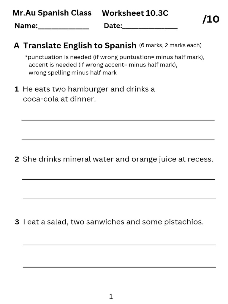 MR - Au Spanish Class Worksheet 10.3C | PDF