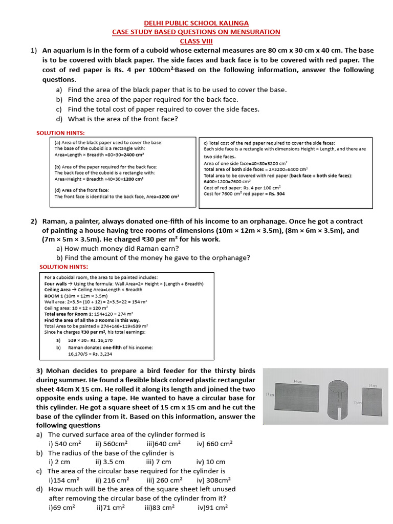 CASE STUDY QUESTIONS ON MENSURATION Class 8 | PDF | Area | Length
