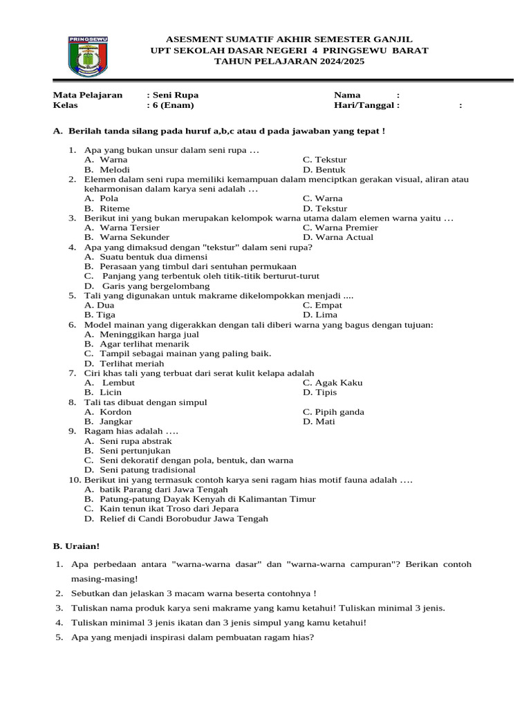 Soal Uas Ganjil Seni Rupa | PDF
