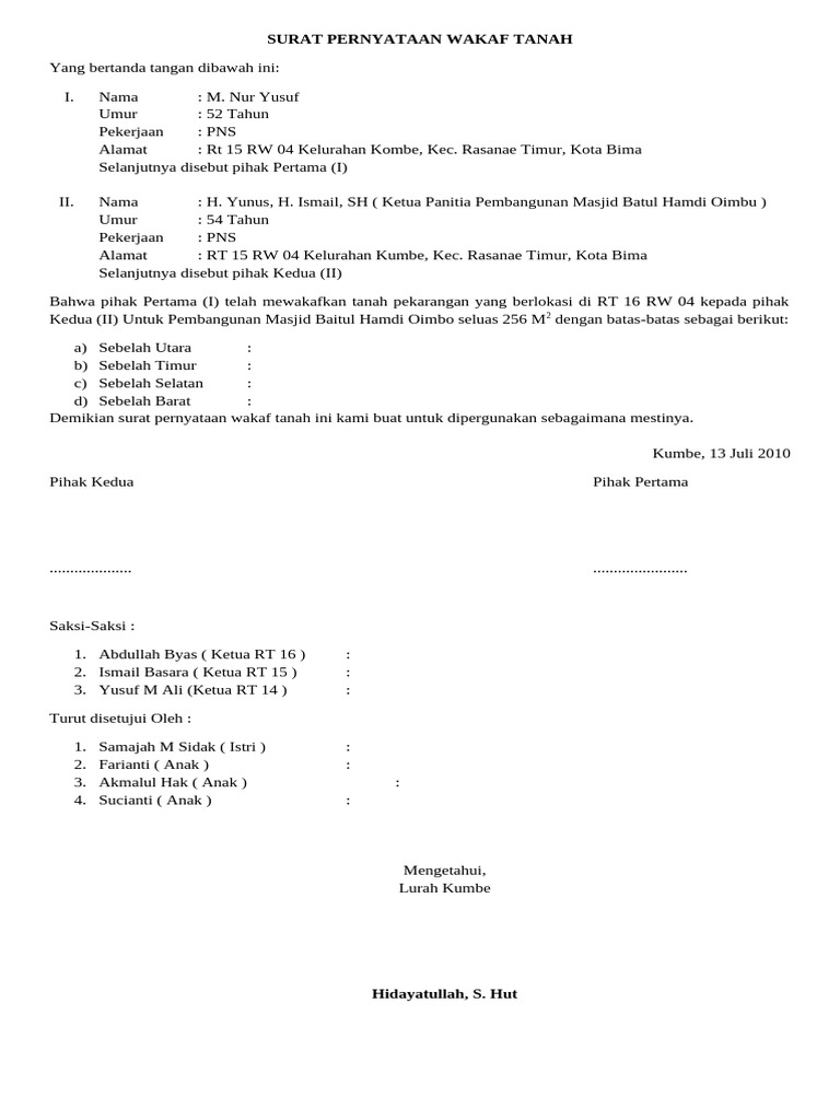 SURAT PERNYATAAN WAKAF TANAH DESA HAMBAWA | PDF