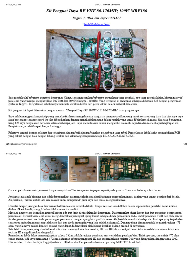 Kit Penguat Daya RF MRF186 100W VHF | PDF
