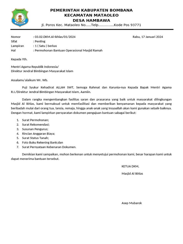 Permohonan Bantuan Masjid 2025 Desa Hambawa | PDF