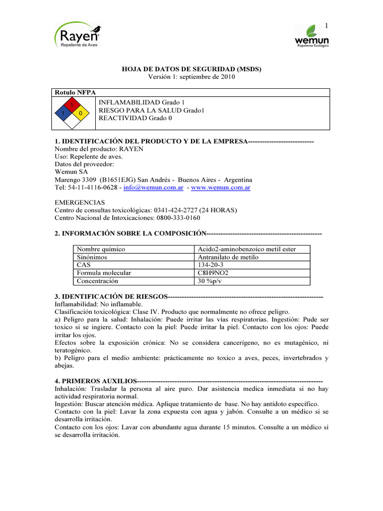 Hoja de Seguridad del Repelente RAYEN | PDF | Corrosión | Toxicidad
