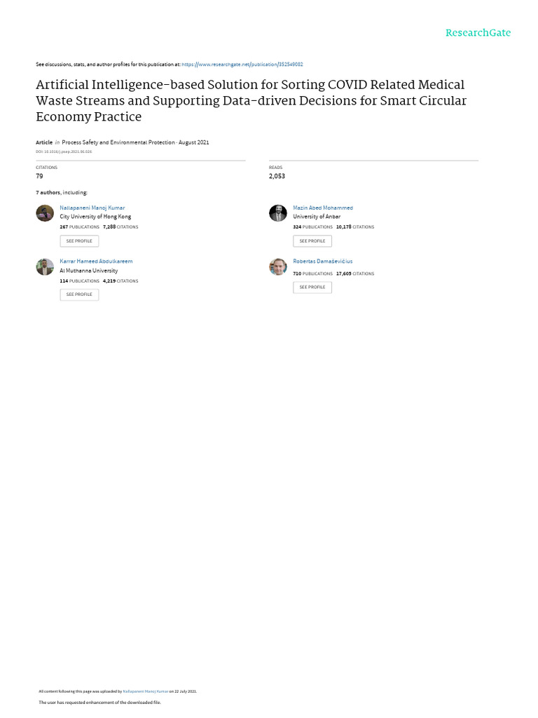 Artificial Intelligence-Based Solution For Sorting COVID Related MEDICAL WASTE STREAM | PDF ...