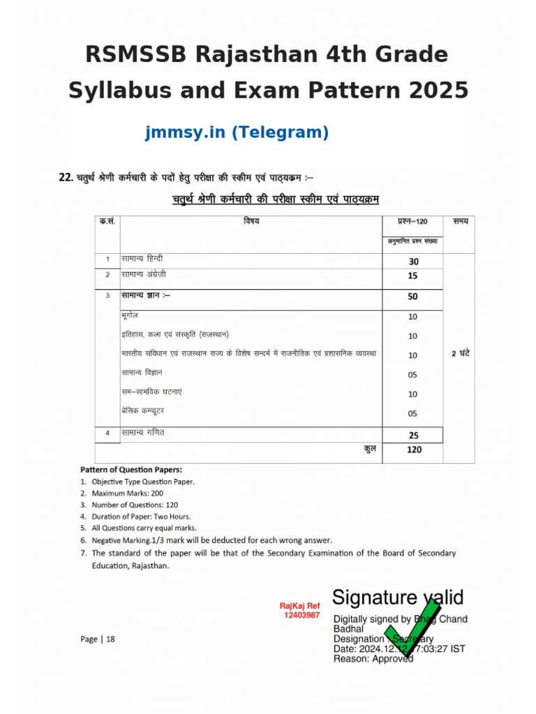 RSMSSB Rajasthan 4th Grade Syllabus and Exam Pattern 2025 | PDF