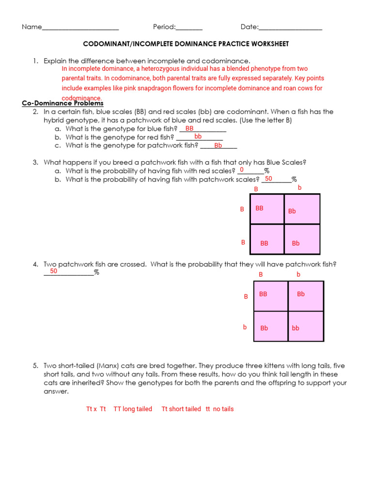 Codominance and Incomplete Dominance Worksheet | PDF | Dominance ...