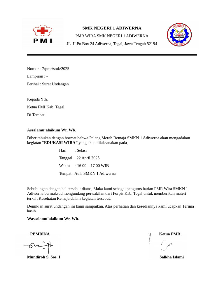 Surat Undangan Pmr Wira Smkn 1 Adw | PDF