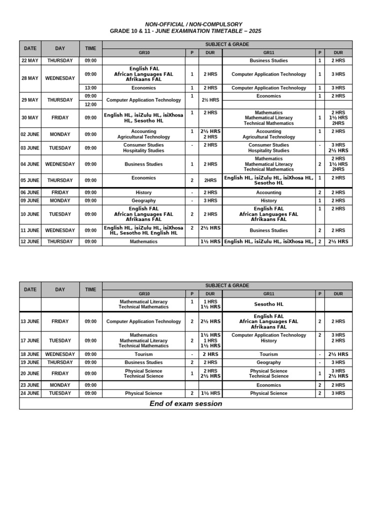Grade 10 & 11 June Exam Timetable - 2025 | PDF