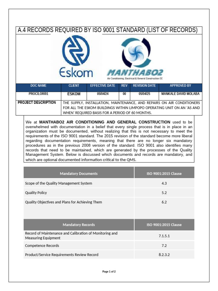 A4 Records Required by Iso 9001 Standard (List of Records) | PDF | Quality Management System ...