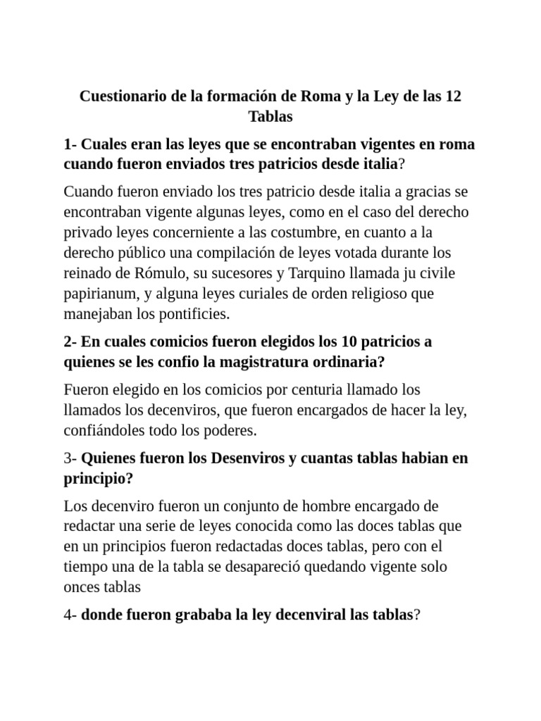 Cuestionario de la formación de Roma y la Ley de las 12 Tablas A | PDF ...