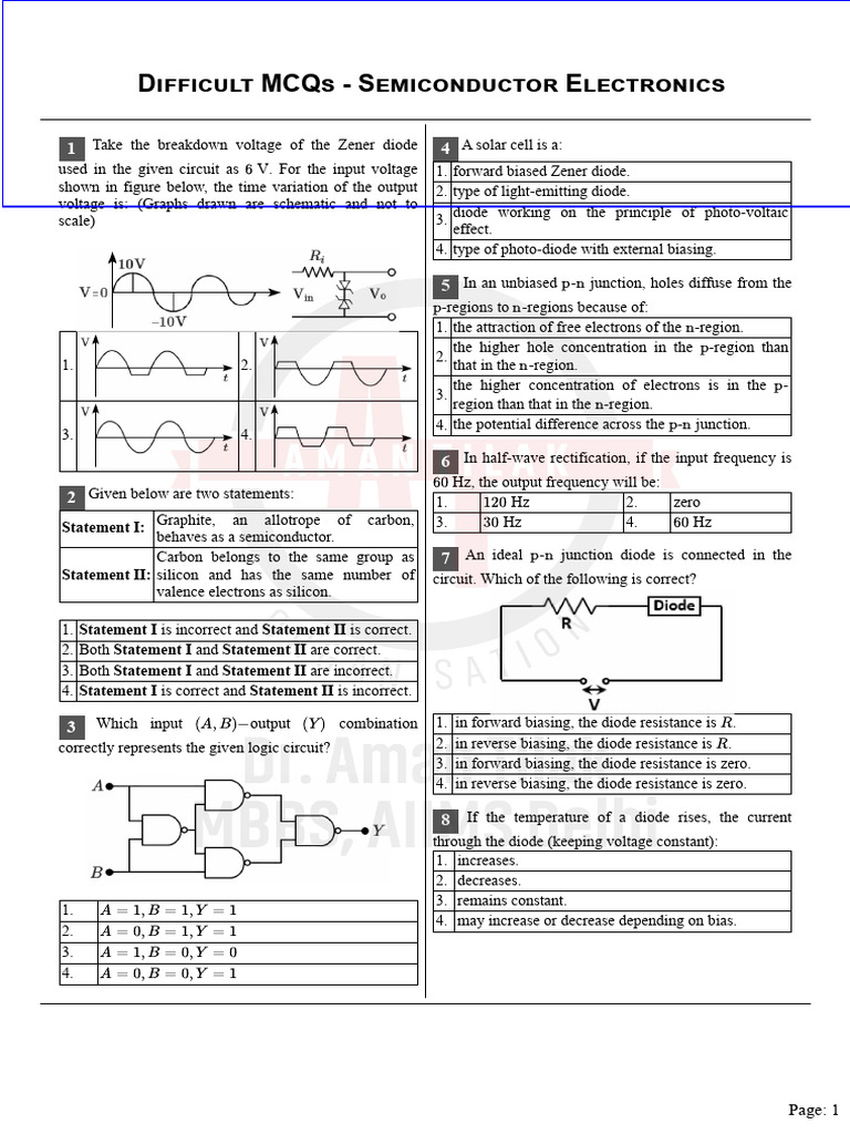 Difficult MCQs - Semiconductor Electronics | PDF | Diode | P–N Junction