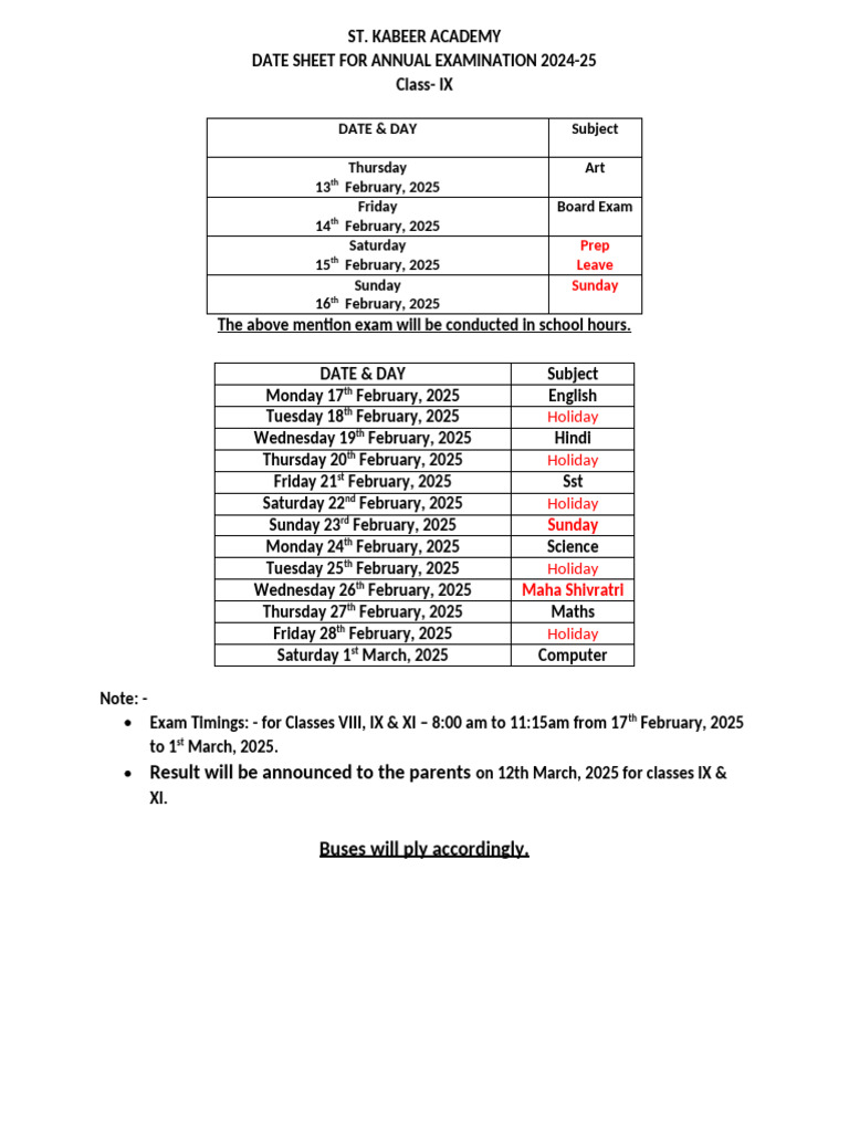 Datesheet For Class Ix | PDF
