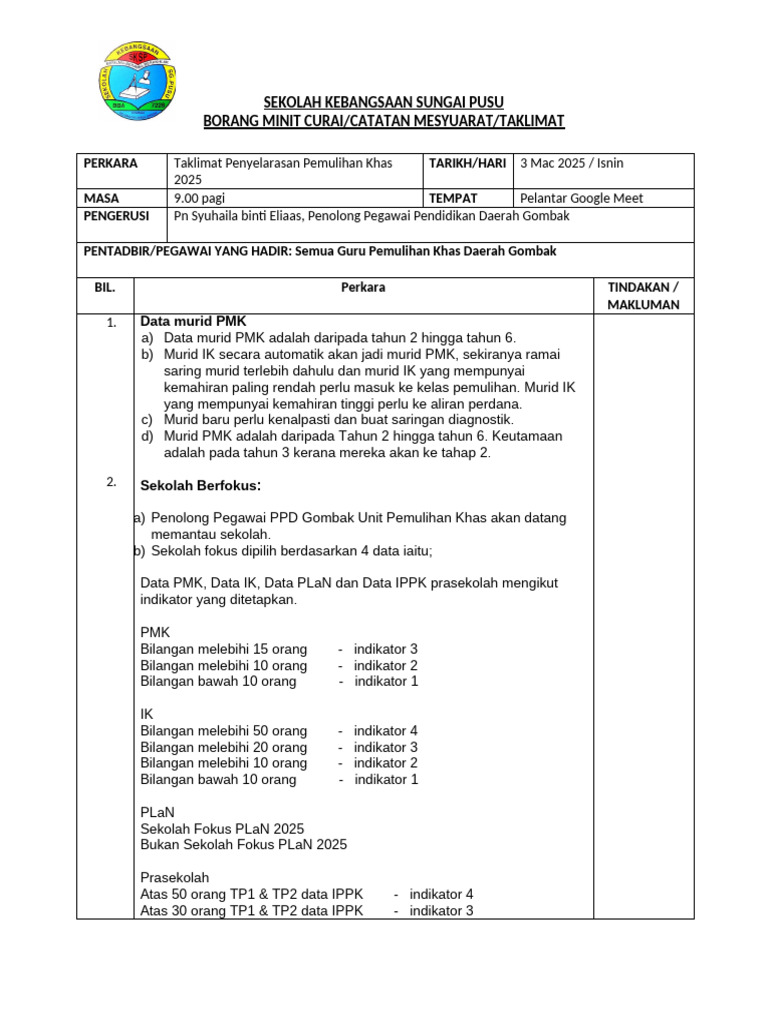 Minit Curai Taklimat Penyelarasan Pemulihan Khas 2025 | PDF