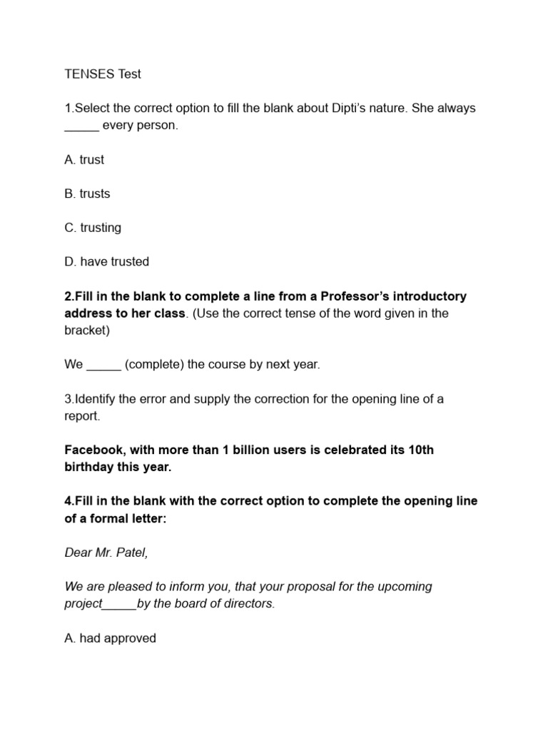 TENSES Test Paper Advanced | PDF