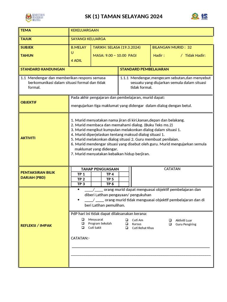 Contoh Template RPH BM 2024 | PDF