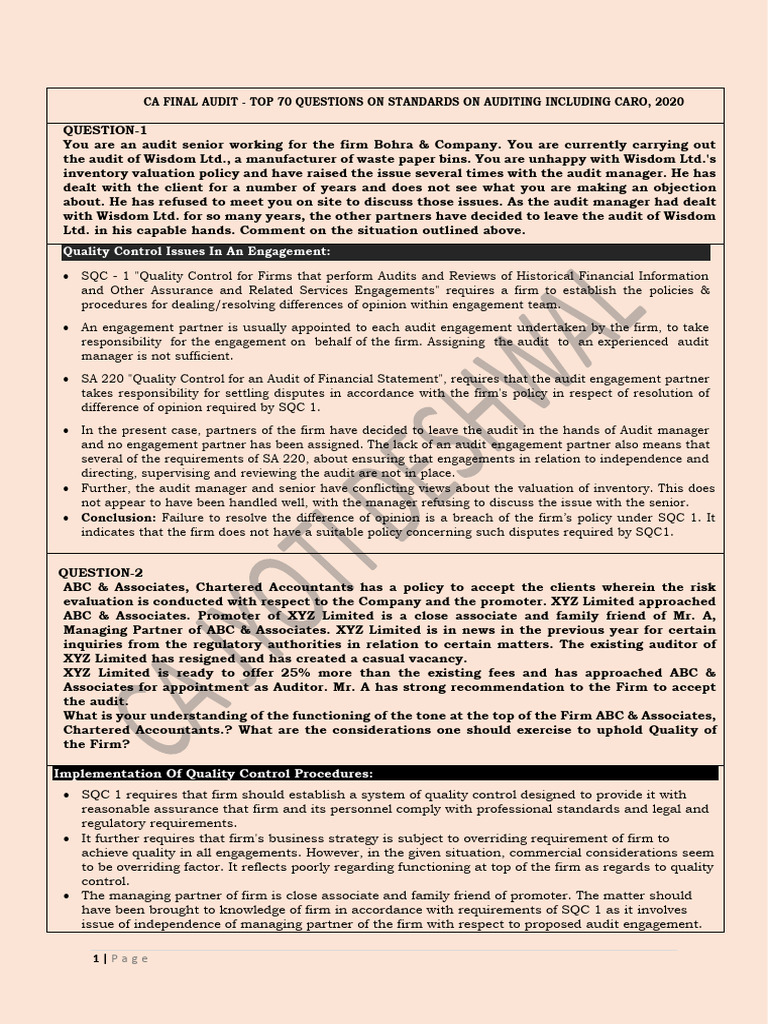 Ca Final Audit - Top 70 Ques Compilation | PDF | Audit | Going Concern