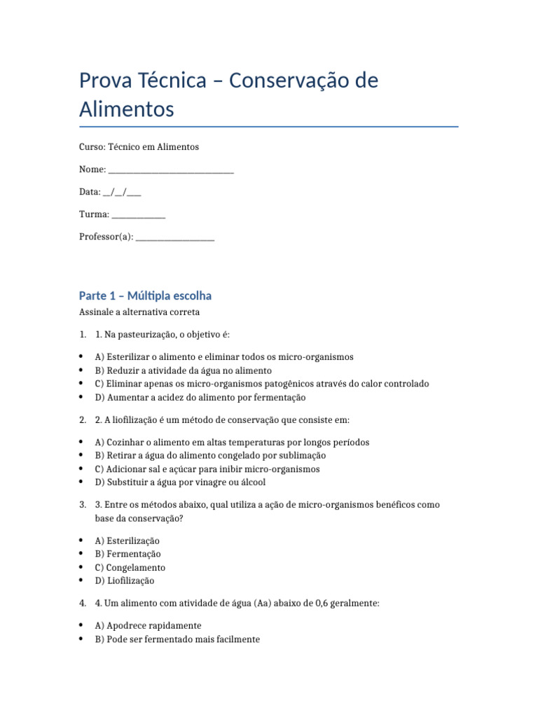 Prova Tecnico Conservacao Alimentos | PDF
