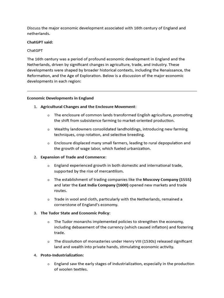 Discuss The Major Economic Development Associated With 16th Century of ...