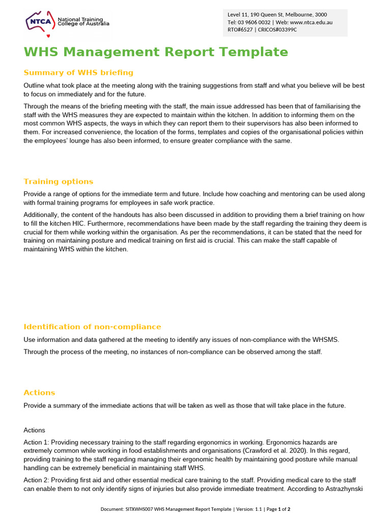 WHS Management Report Template | PDF
