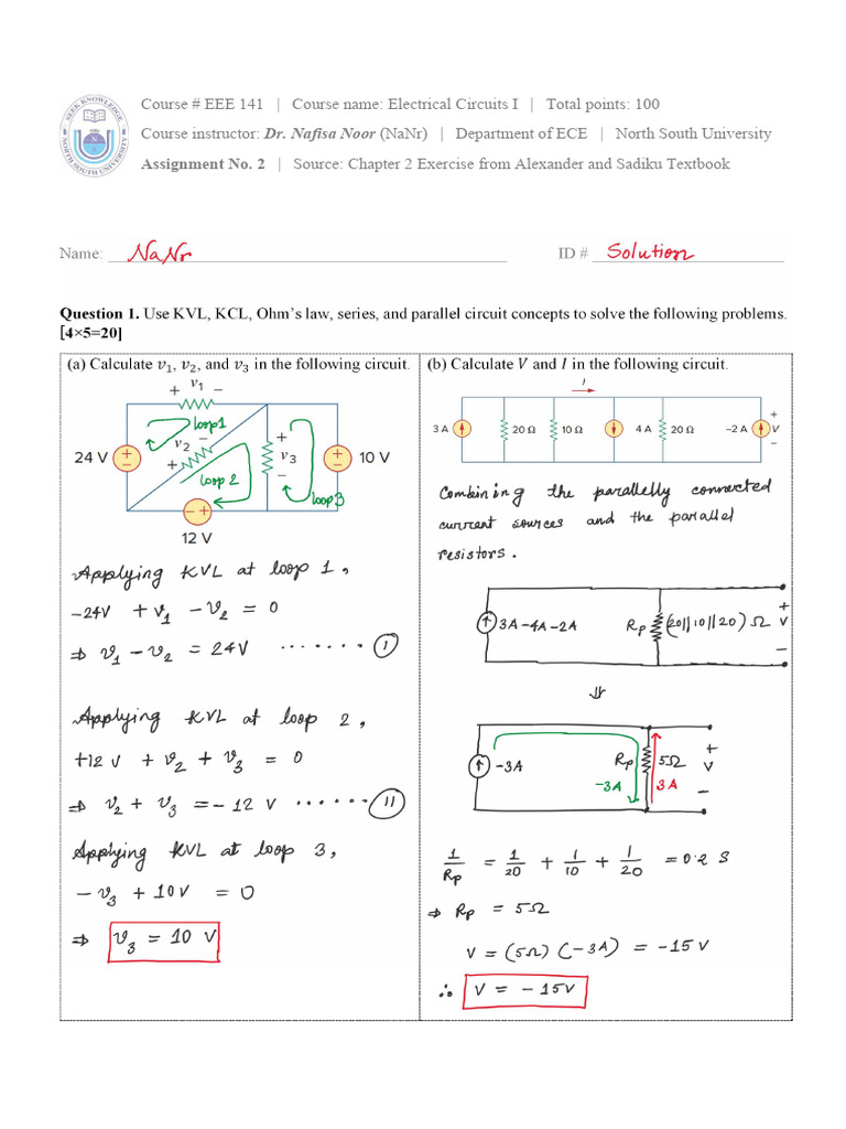 NaNr Spring 2025 EEE 141 Assignment 2 Solution | PDF | Electrical Network | Electrical Engineering