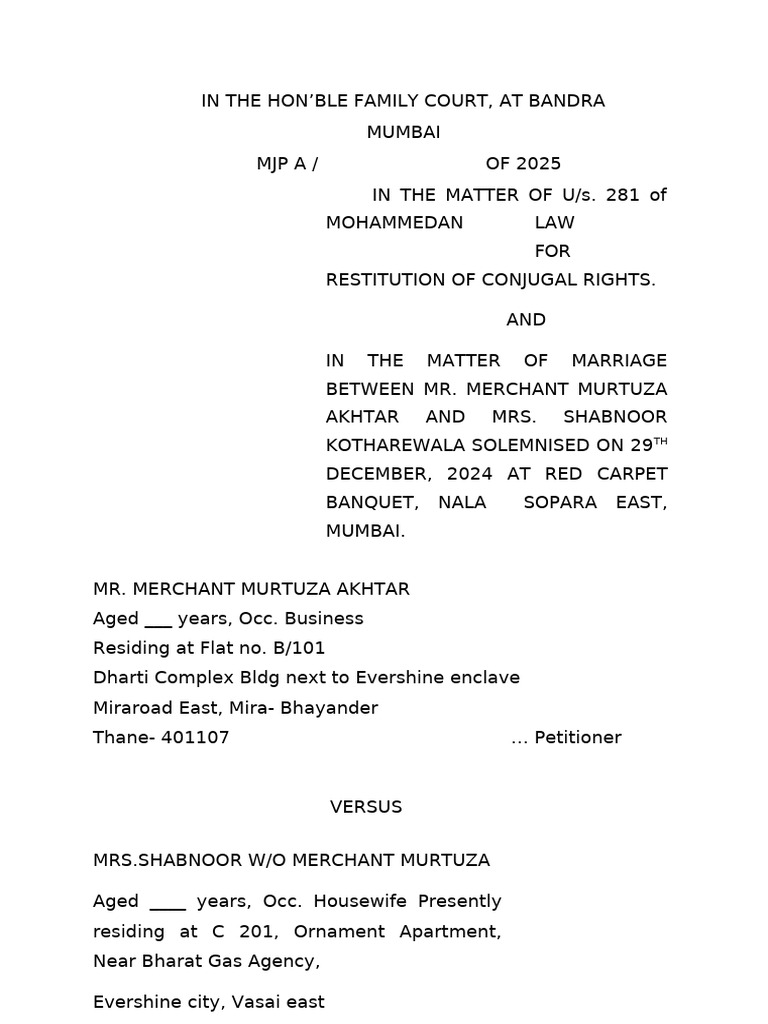Restitution of Conjugal Rights Petition | PDF | Wedding | Engagement