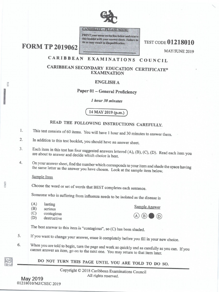 CSEC English A P01 May 2019 | PDF