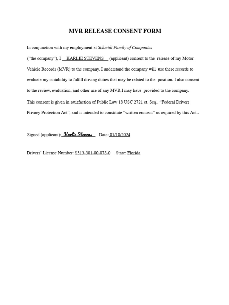 MVR Release Form - Florida - Employee | PDF