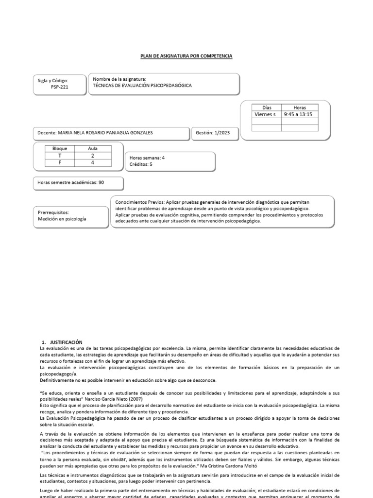 Plan Técnicas de Eval PSP 2023 | PDF | Evaluación | Aprendizaje