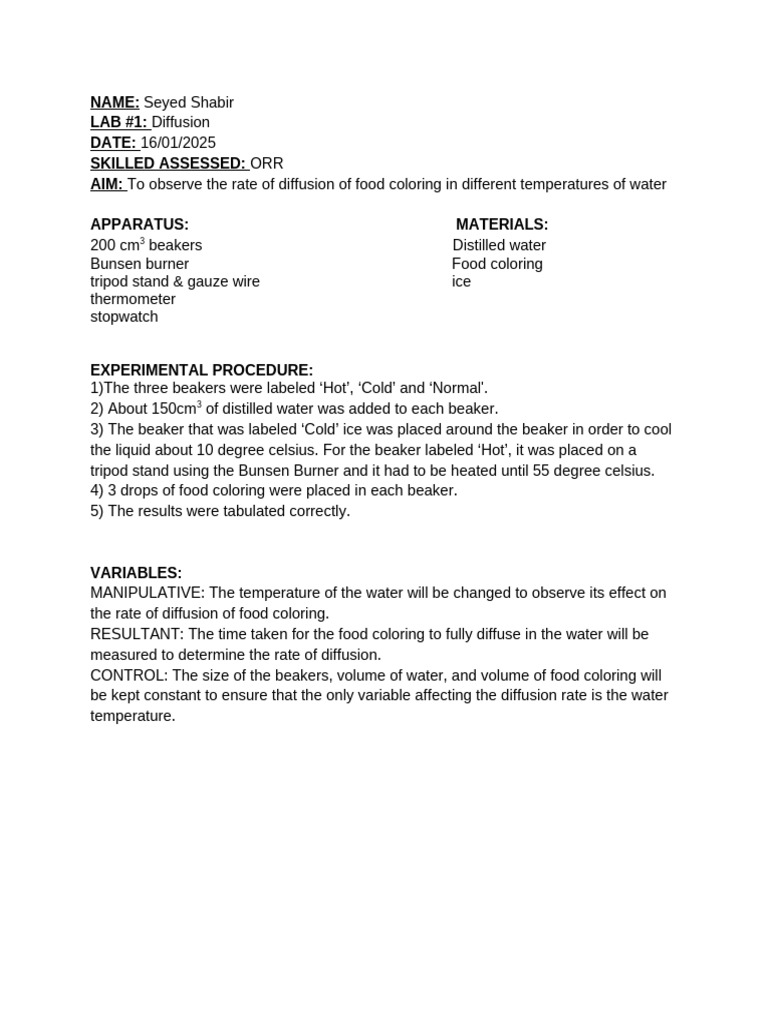 2628 Seyed Shabir - Lab 1 Diffusion | PDF | Diffusion | Temperature