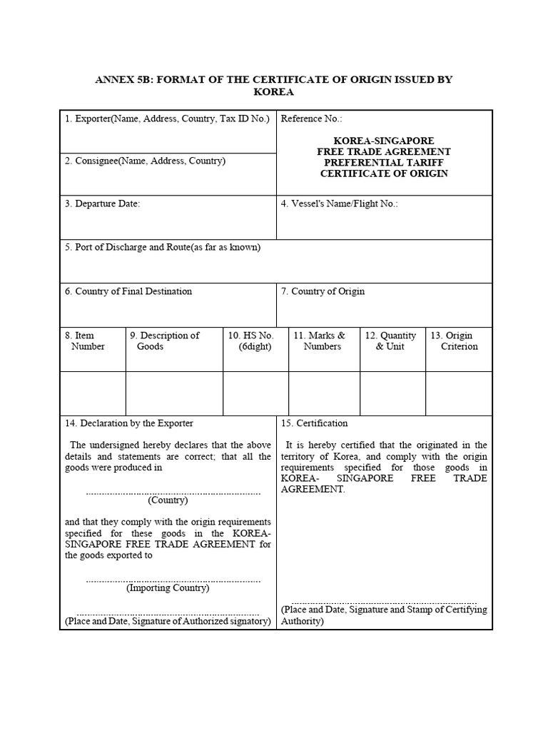 Preferential Certificate of Origin For Korea-Singapore FTA | PDF ...