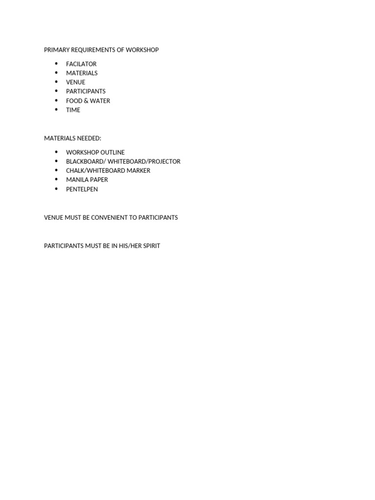 Primary Requirements of Workshop | PDF
