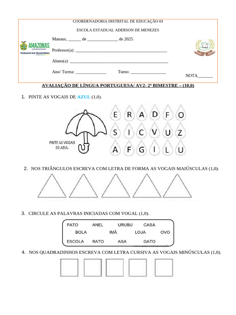 Av2 Língua Portuguesa 1bim 1ano Vesp | PDF