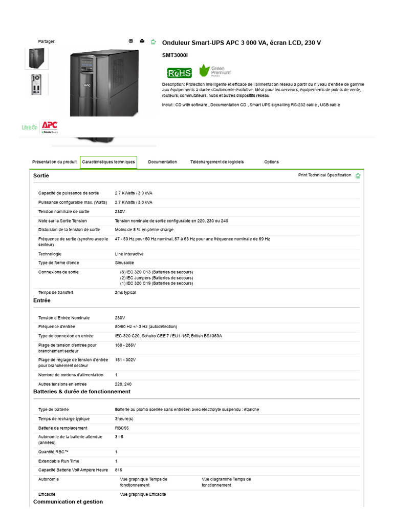 Apc Smart Ups 3000va LCD Smt3000i 58240 - FR | PDF | Ingénierie ...