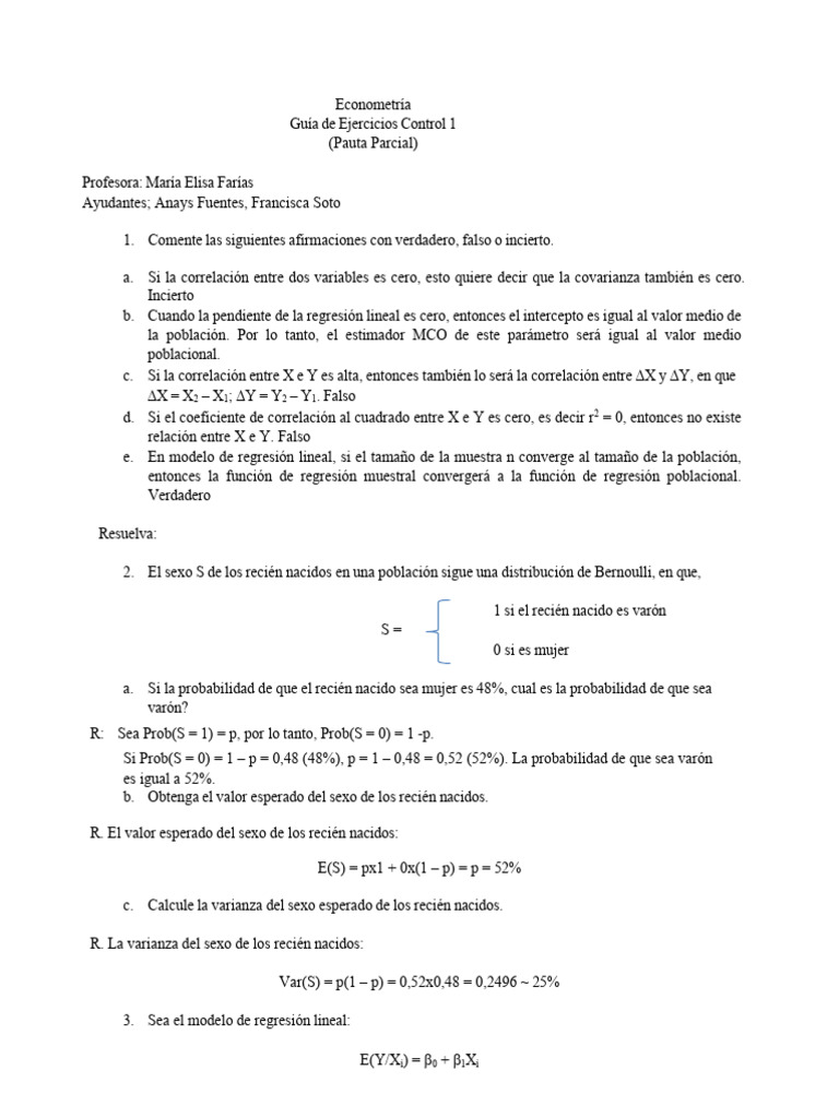 Guia Ejercicios Control 1 Con Pauta Parcial | PDF | Mínimos cuadrados ordinarios | Regresión lineal