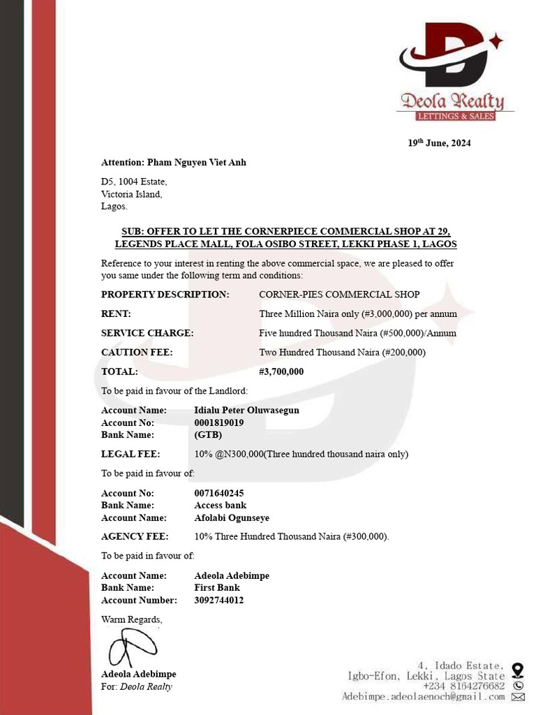 Sub Offer To Let The Cornerpiece Commercial Shop at 29, Legends Place Mall, Fola Osibo Street ...