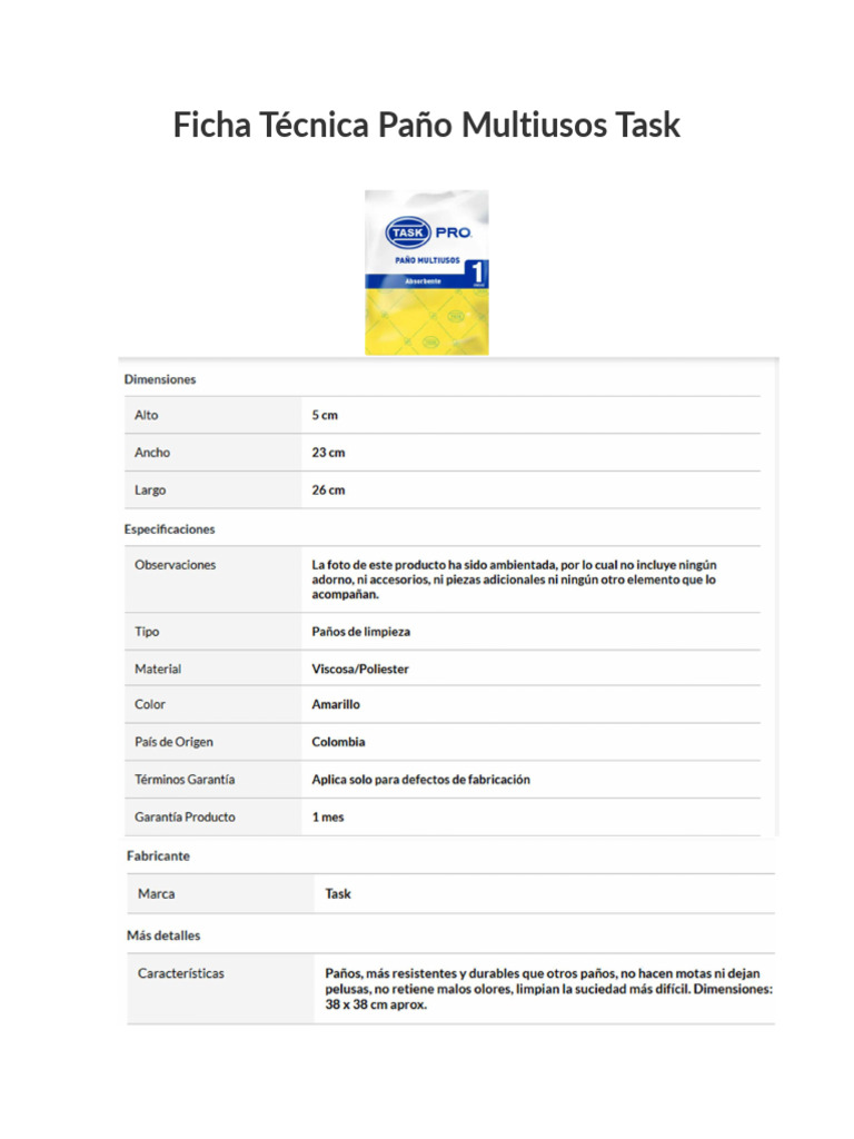 Ficha Técnica Paño Multiusos Task | PDF