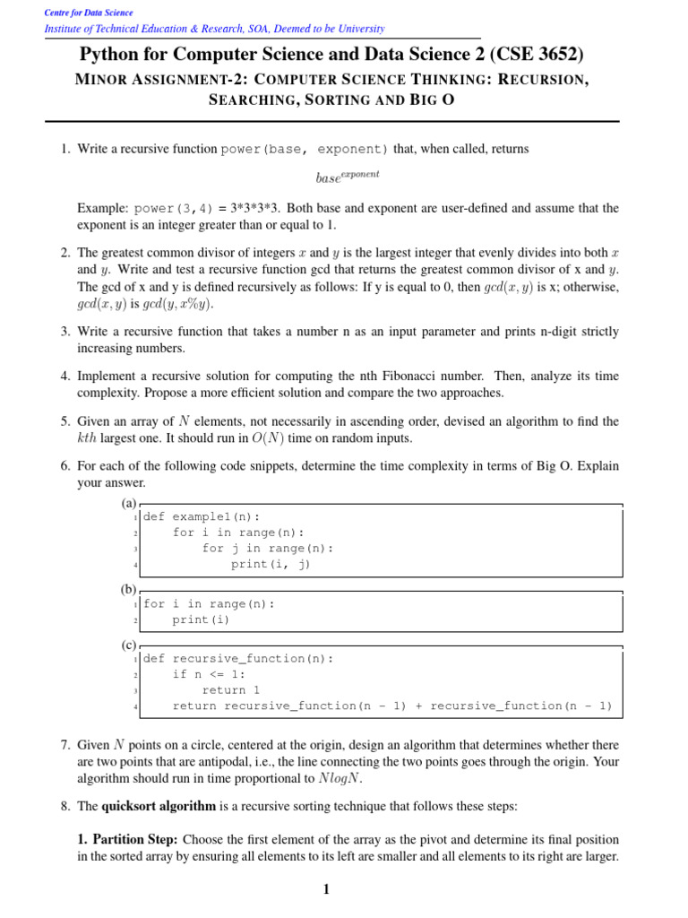 Minor Assignment-2 (Computer Science Thinking-Recursion, Searching, Sorting and Big O) | PDF ...
