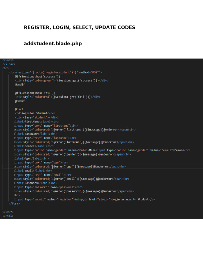 Register, Login, Select and Update Laravel Codes | PDF