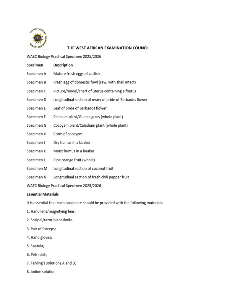 WAEC 2025 Biology Practical Specimens | PDF