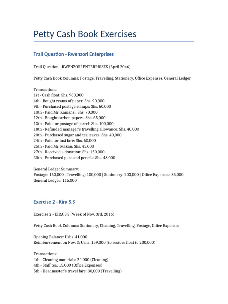Petty Cash Book Exercises | PDF