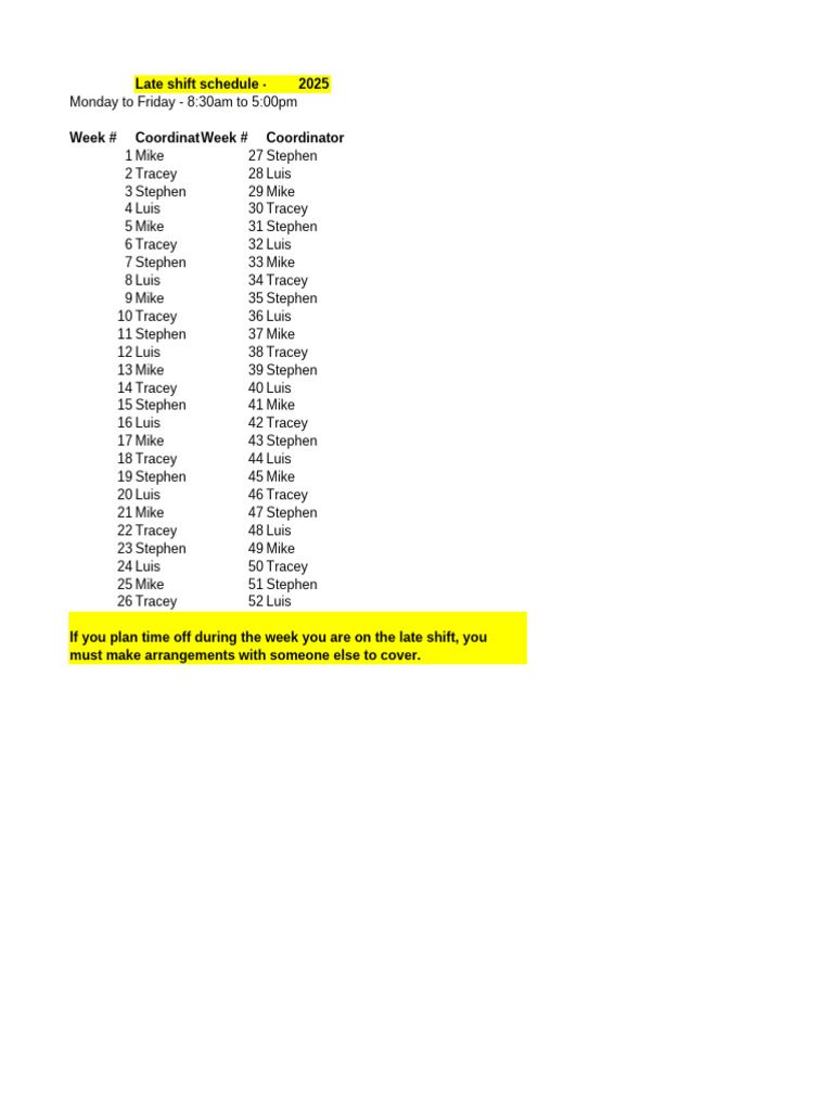 Late Shift Schedule 2025 | PDF