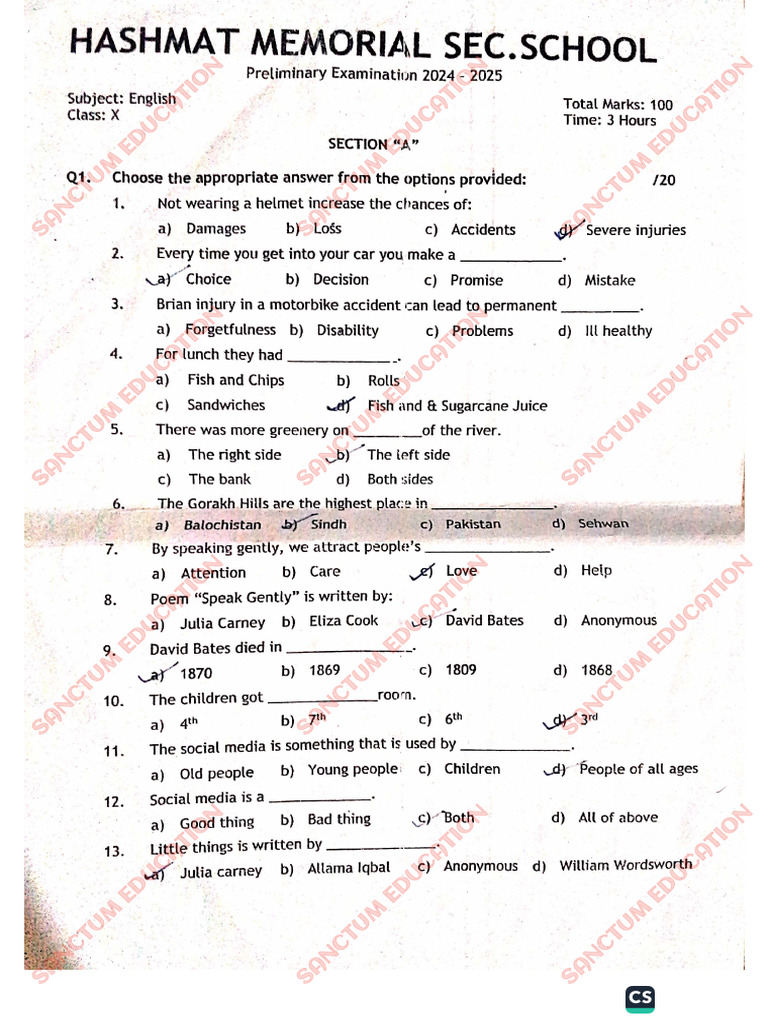 X (Science) Preliums Paper 2025 - Hashmat Memorial School - Sanctum ...