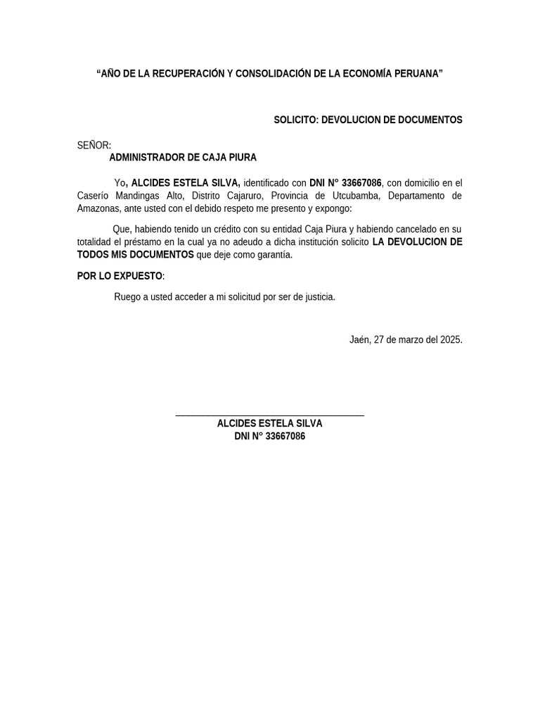Solicito Devolucion de Documentos Caja Piuraa | PDF