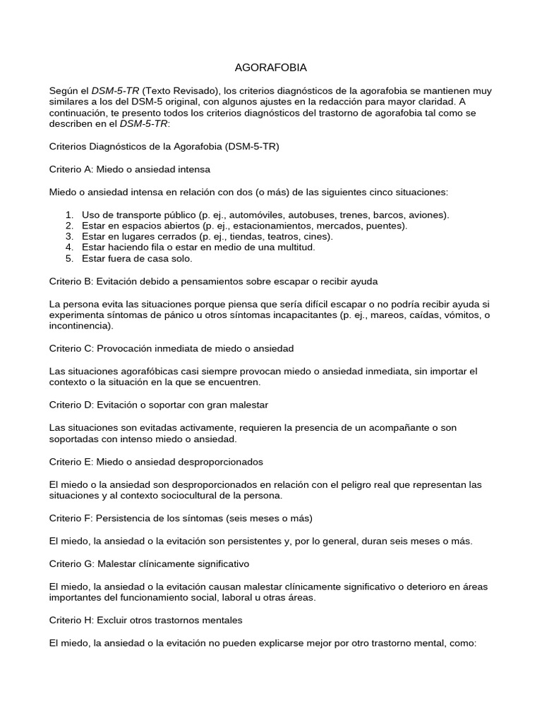 Criterios Diagnósticos de Agorafobia DSM-5-TR | PDF | Ansiedad | Agorafobia