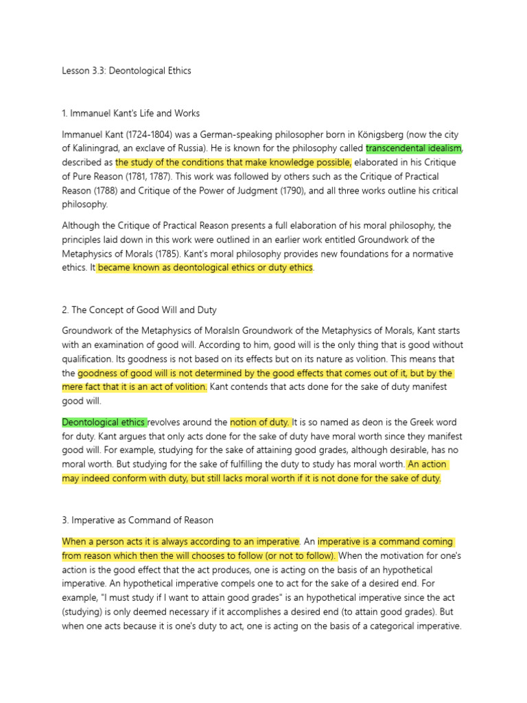 3.3 Deontological Ethics | PDF | Immanuel Kant