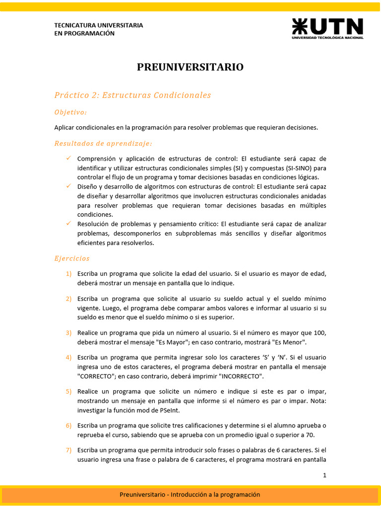 TP 2 Condicionales - UTN FRM | PDF | Algoritmos | Programación de ...