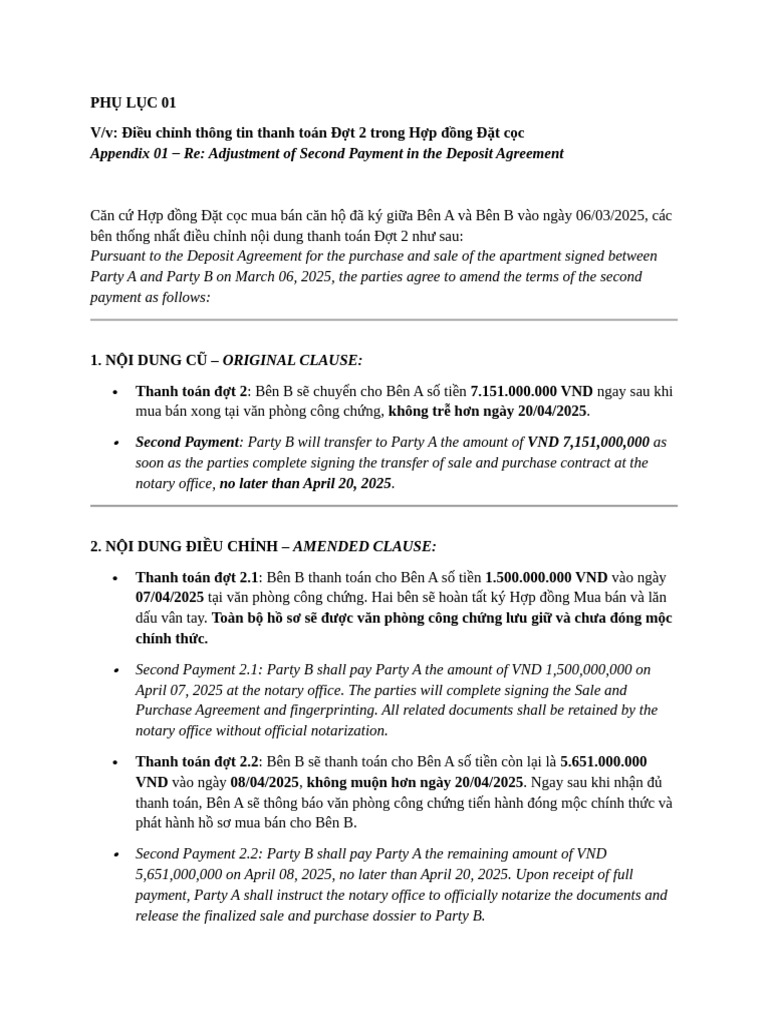 Appendix 01 - Re: Adjustment of Second Payment in The Deposit Agreement | PDF