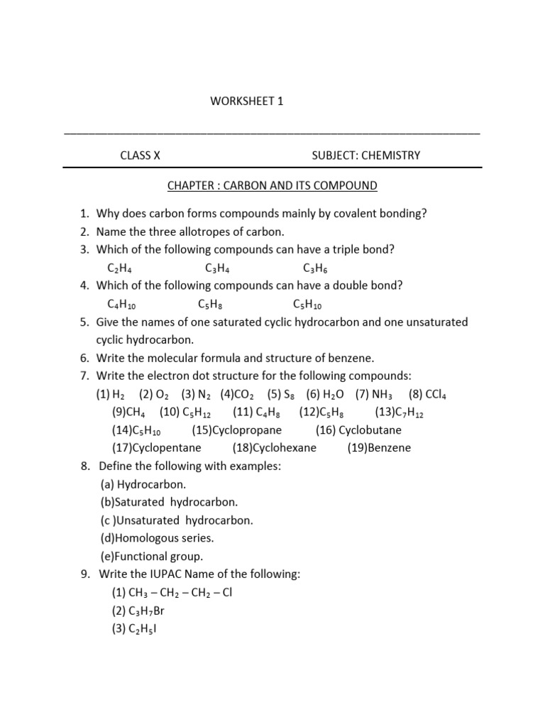 CBSE Class 10 Chemistry Worksheet 1 Carbon and Its Compounds | PDF ...